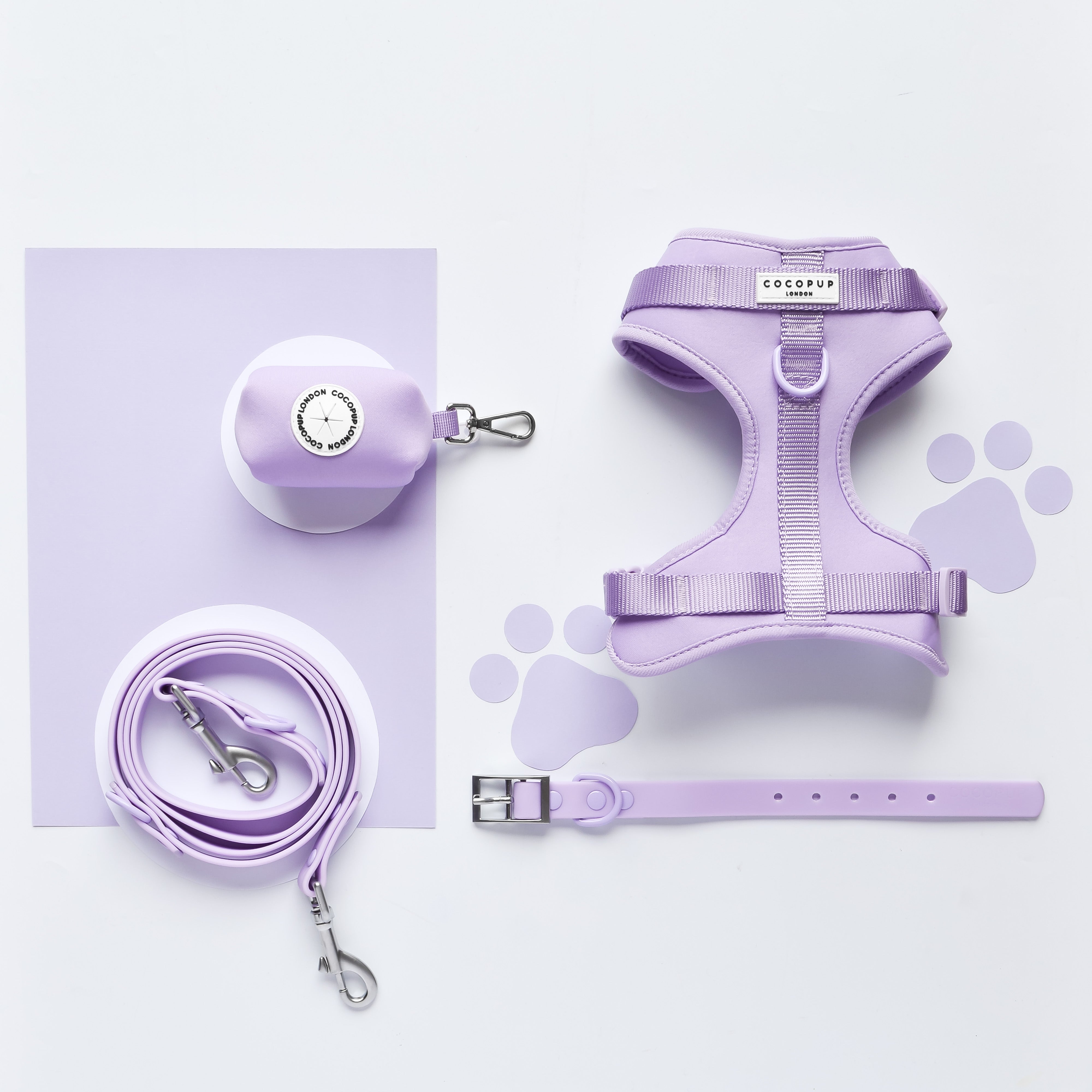 Adjustable Neck Dog Harness, Lead, Collar & Poop Bag Bundle - Lilac ...
